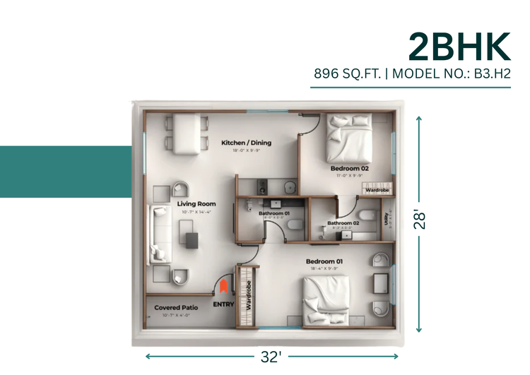 Model- B3 | Size- 896 Sq Ft – Uprear Build Pvt Ltd